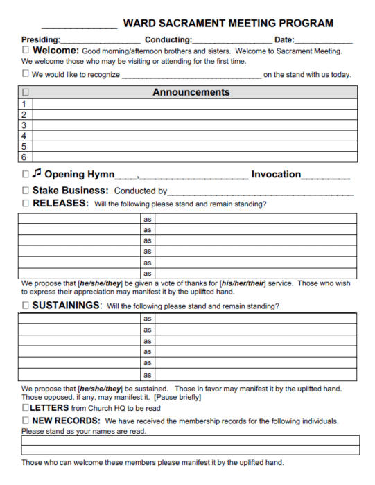 Sacrament Meeting Agenda Templates For Bishoprics Leading Saints